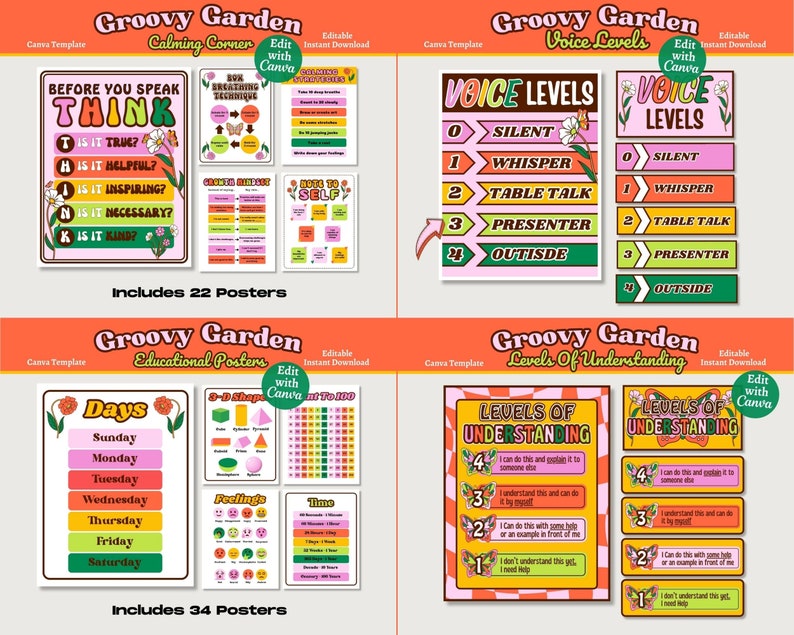 Groovy Garden Classroom Decor Bundle: Retro Floral Posters (canva ...