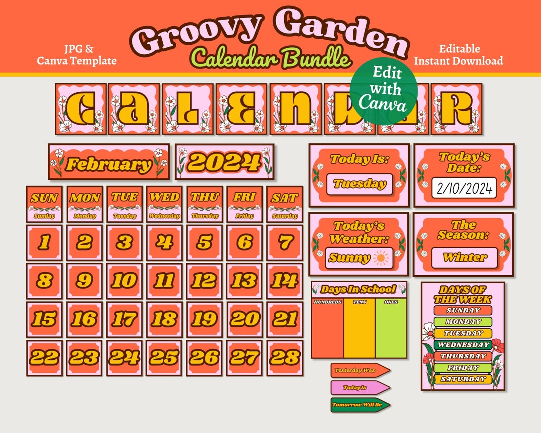 Groovy Garden Classroom Calendar, Printable & Editable Retro Calendar ...