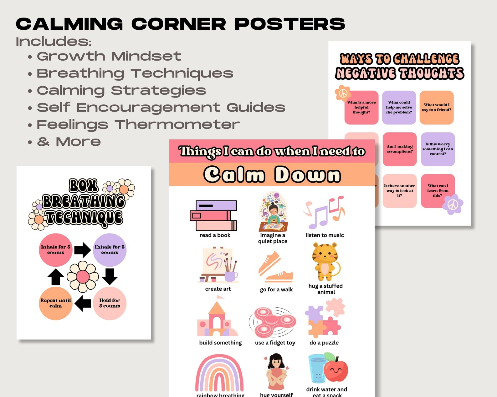 Calming Corner Posters, Kids Breathing Techniques, Printable & Editable ...