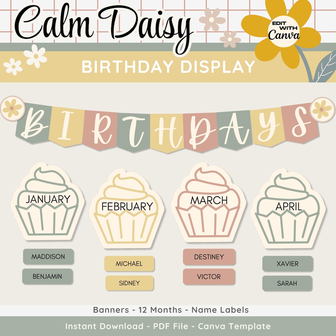 Boho Cupcake Birthday Display, Printable Student Birthdays Bulletin ...