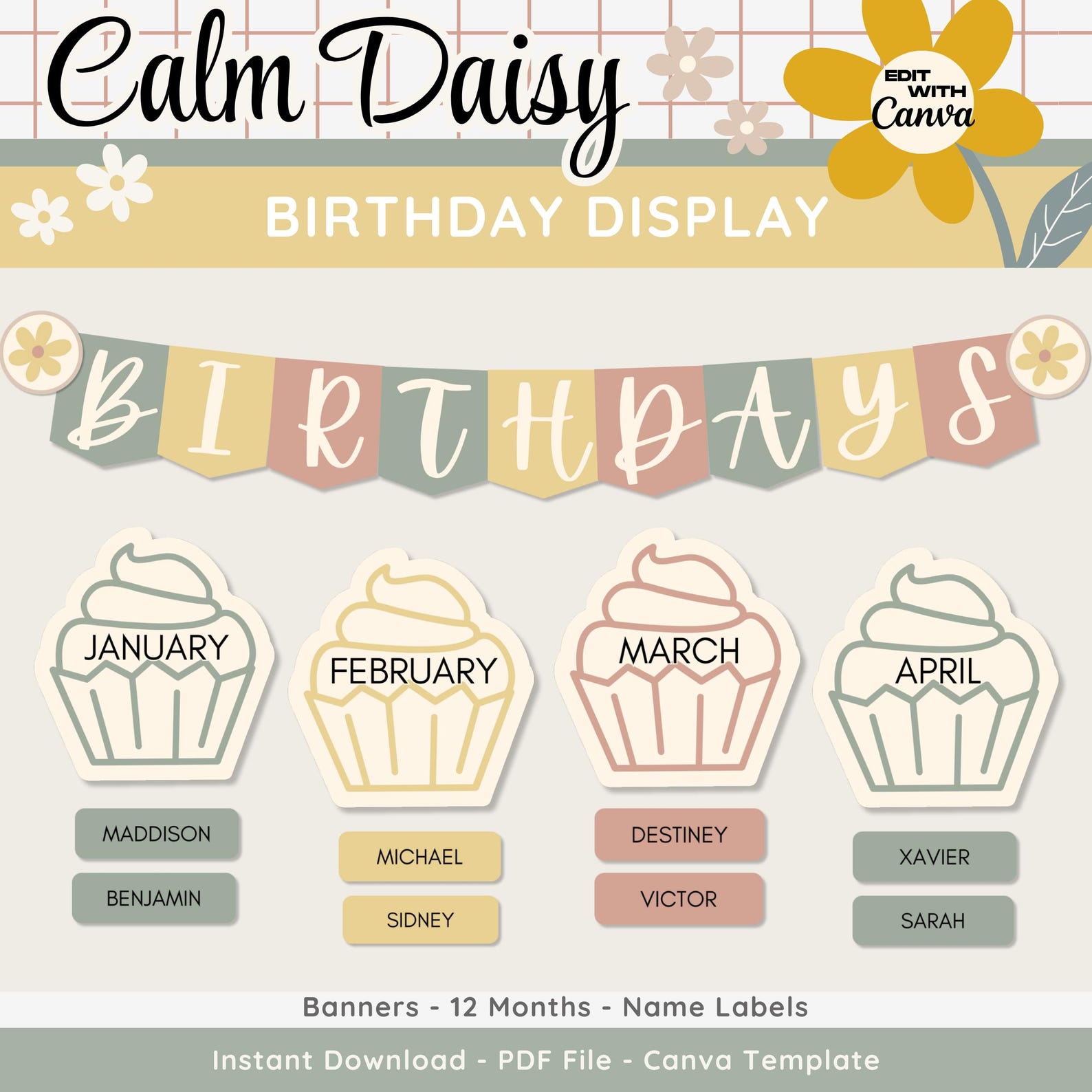 Daisy Birthday Bulletin Board: Editable Classroom Decor (canva Template ...
