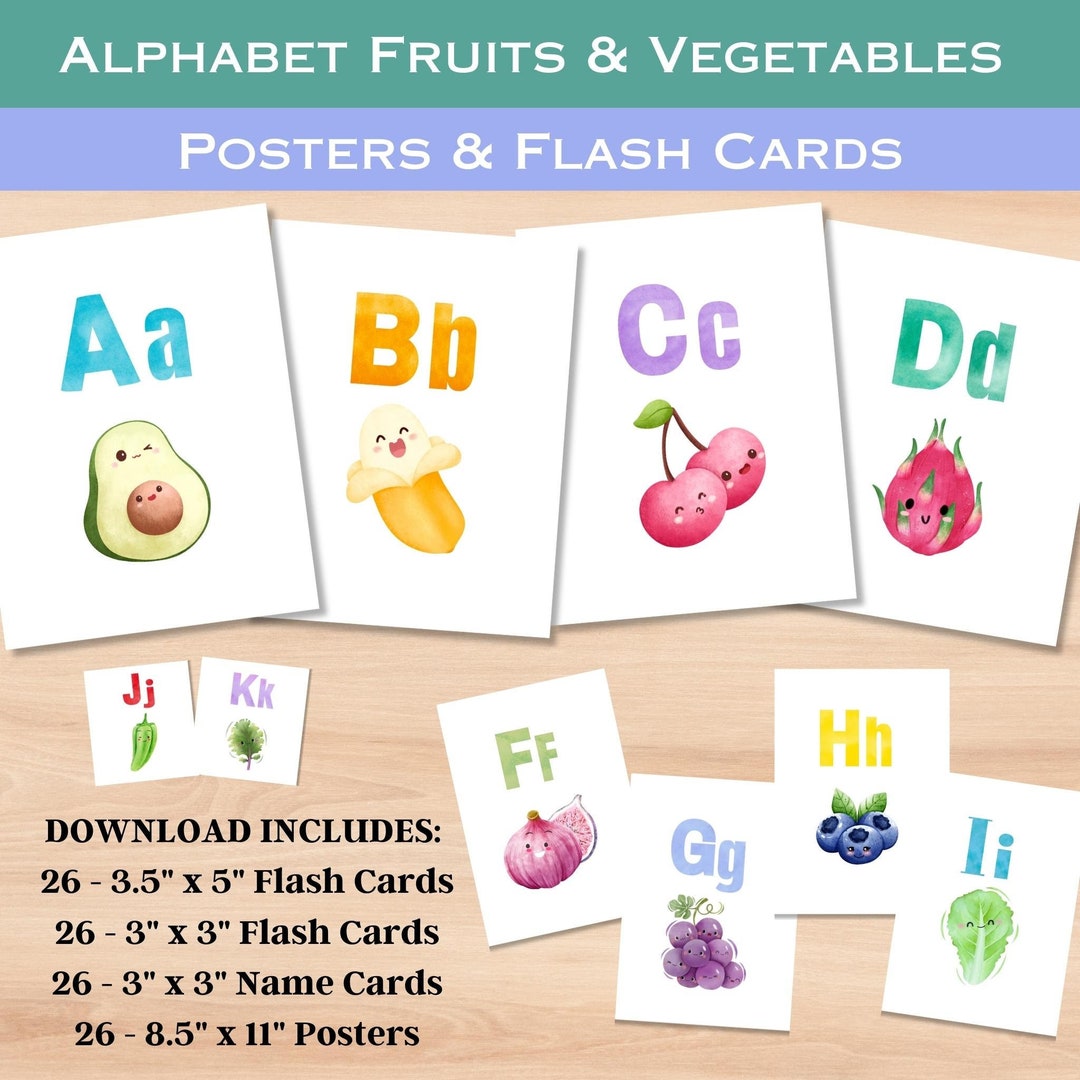 Pre-k Toddler Alphabet Flash Cards, 26 Watercolor Fruit Vegetable ...