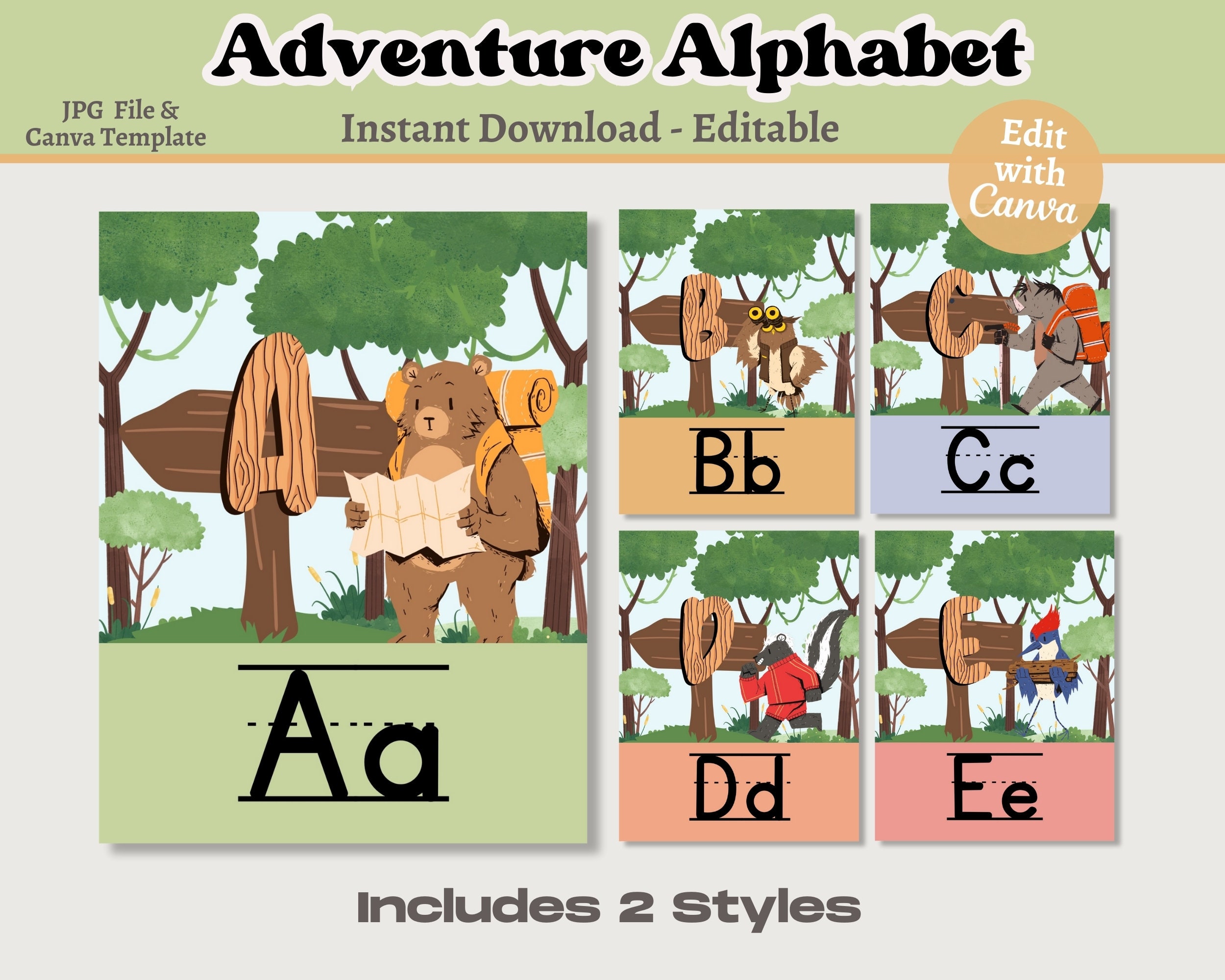 Adventure Alphabet, Printable & Editable A-Z Posters, Camping Animals ...