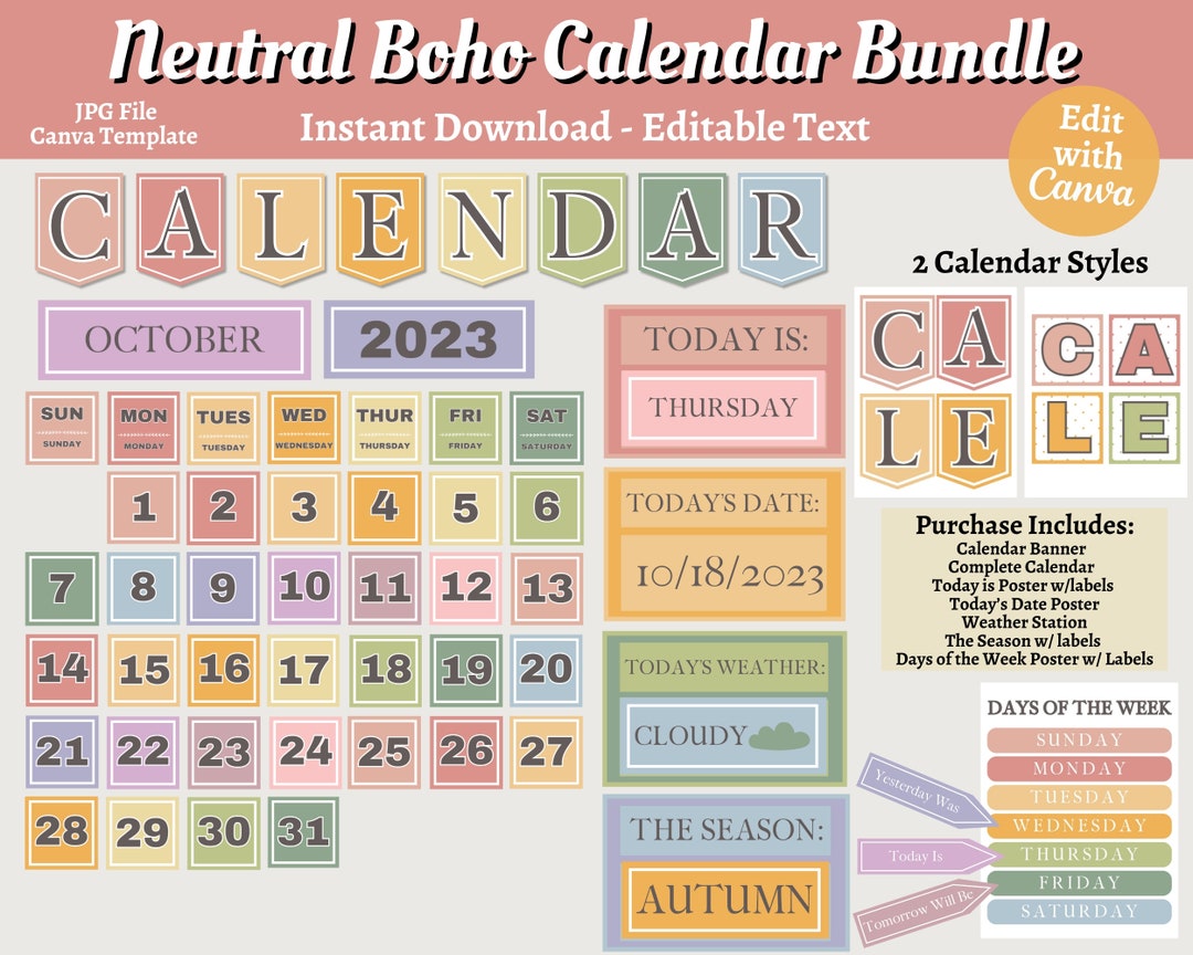 Neutral Boho Calendar Bundle, Editable Modern Classroom Calendar ...