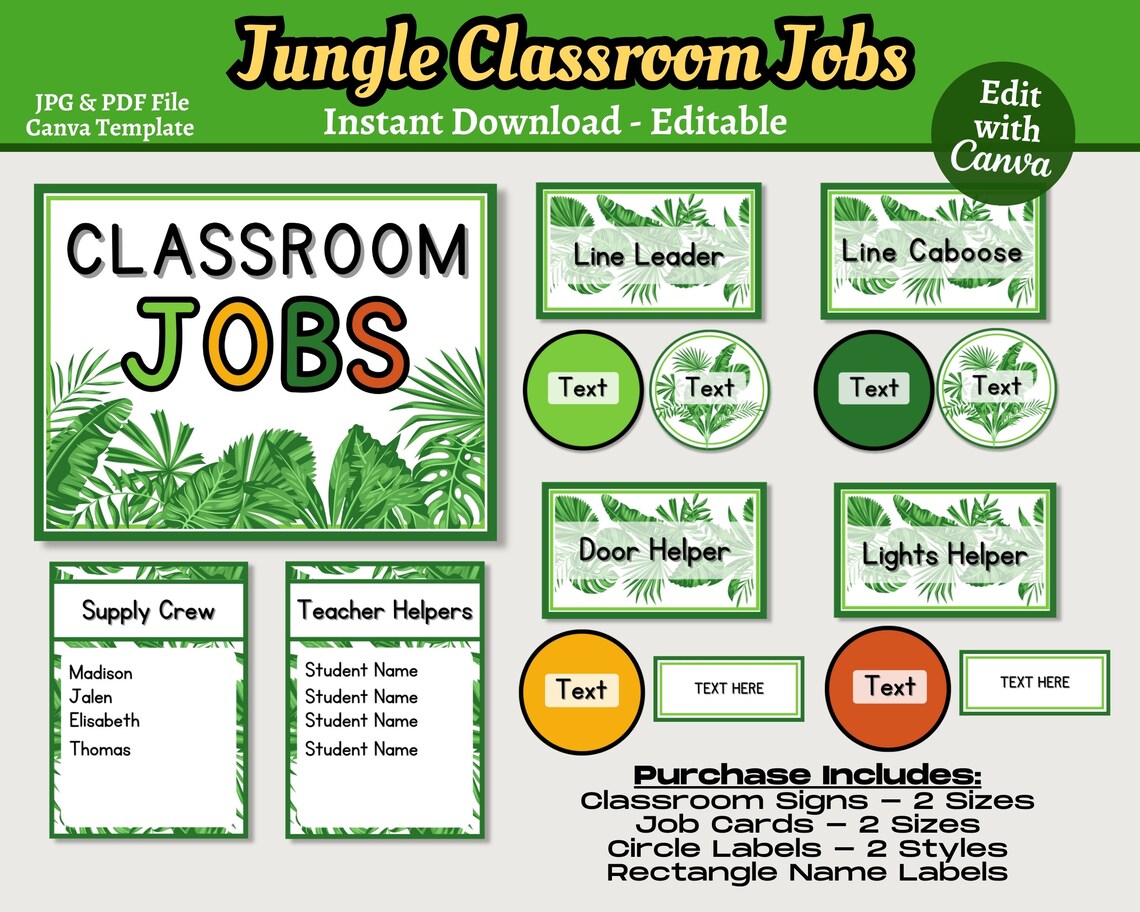 Jungle Classroom Jobs Display: Editable Printable (canva Template) - Etsy