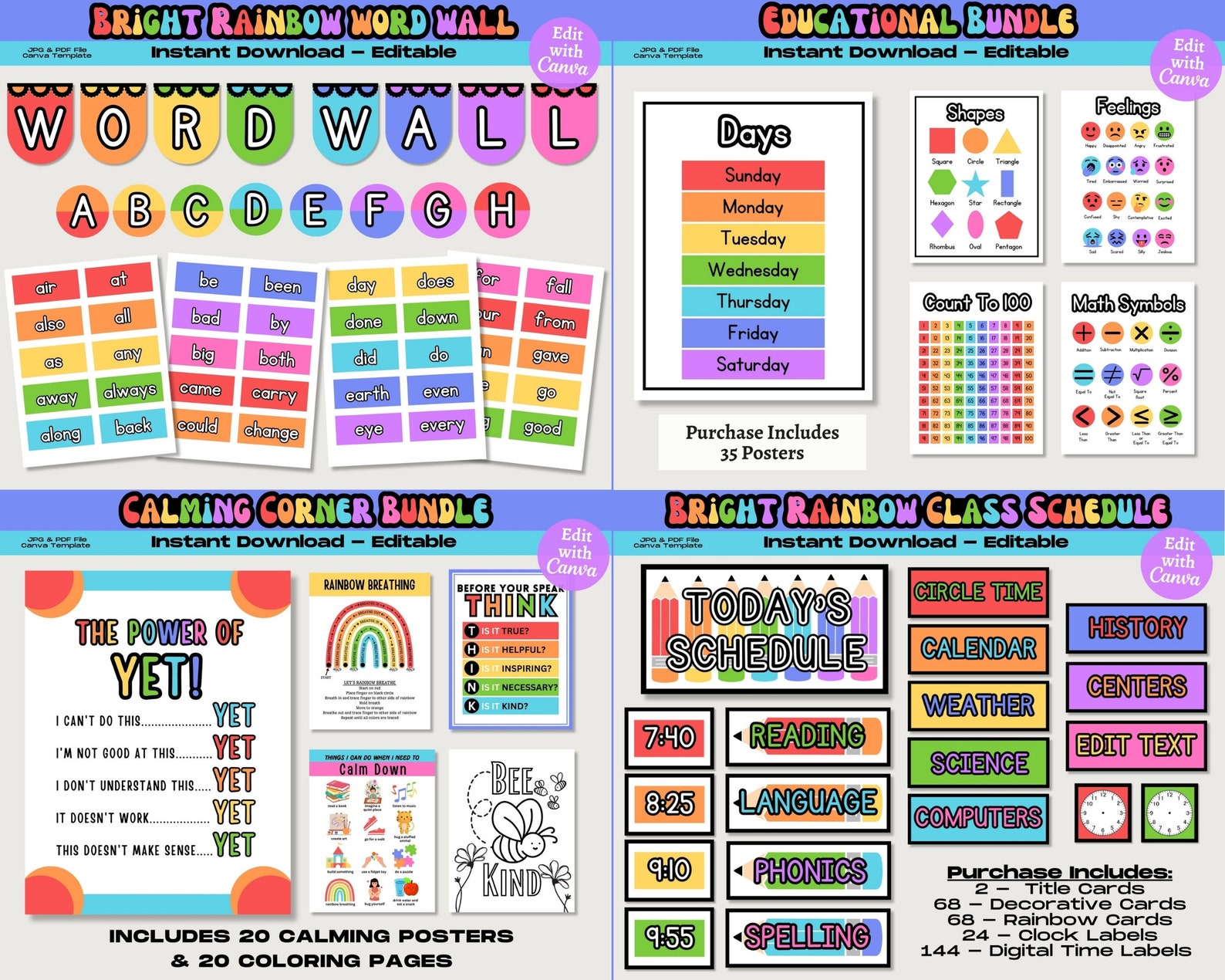 Bright Rainbow Classroom Decor Bundle: Editable Teacher Printables ...