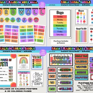 Bright Rainbow Editable Classroom Decor Bundle, Canva Template, Teacher ...