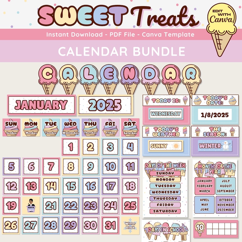 Pastel Classroom Calendar: Sweet Treats Decor (canva Template) - Etsy