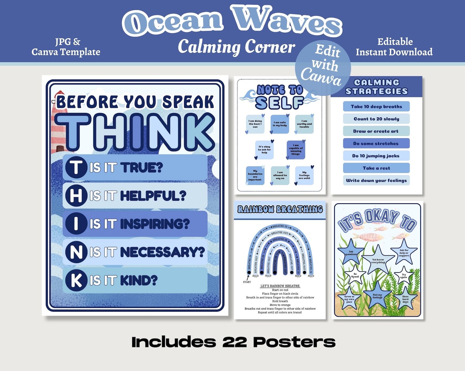 Ocean Theme Calming Corner Posters, Printable & Editable Breathing ...