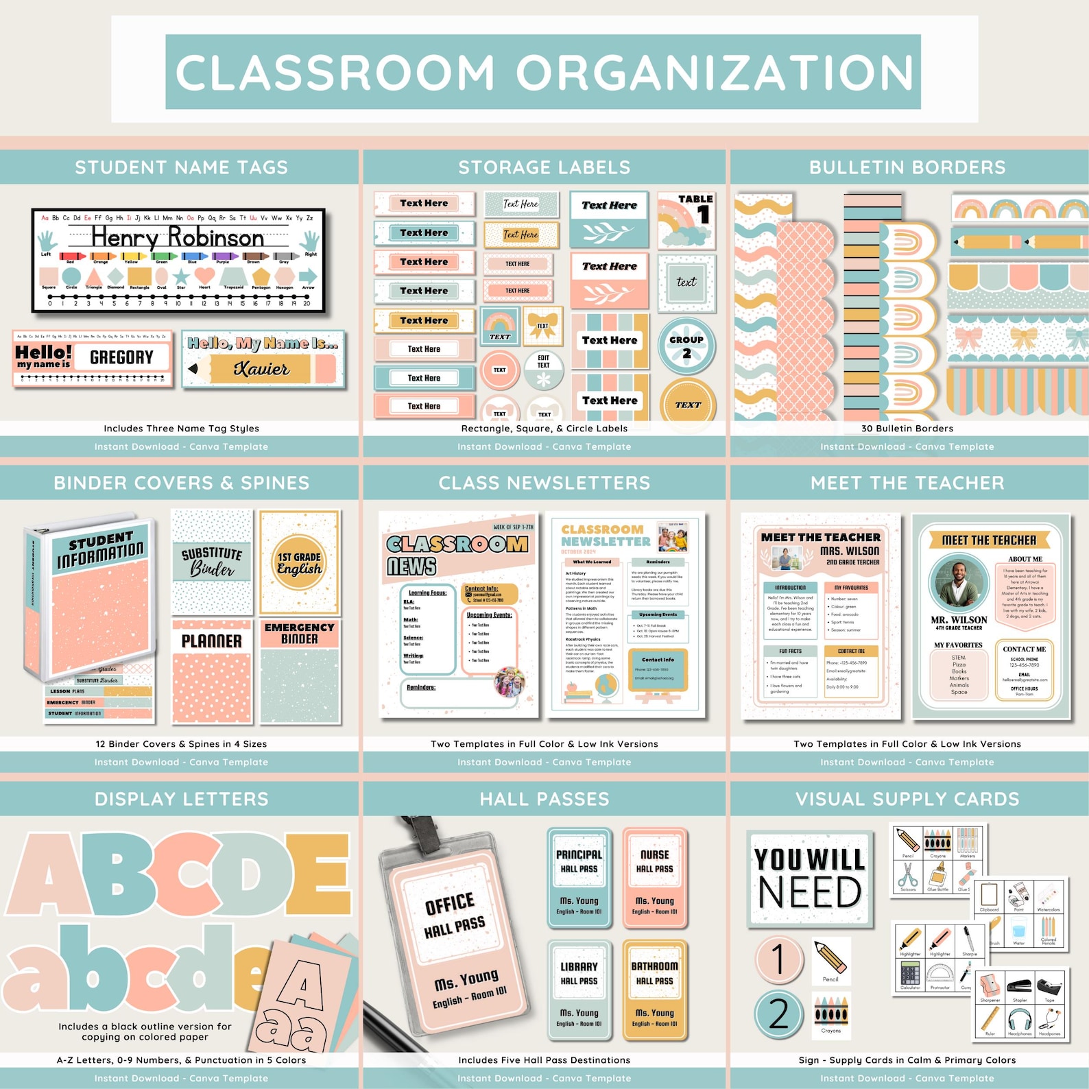 Calm Classroom Decor Set: Pastel Colors, Editable Canva Template ...
