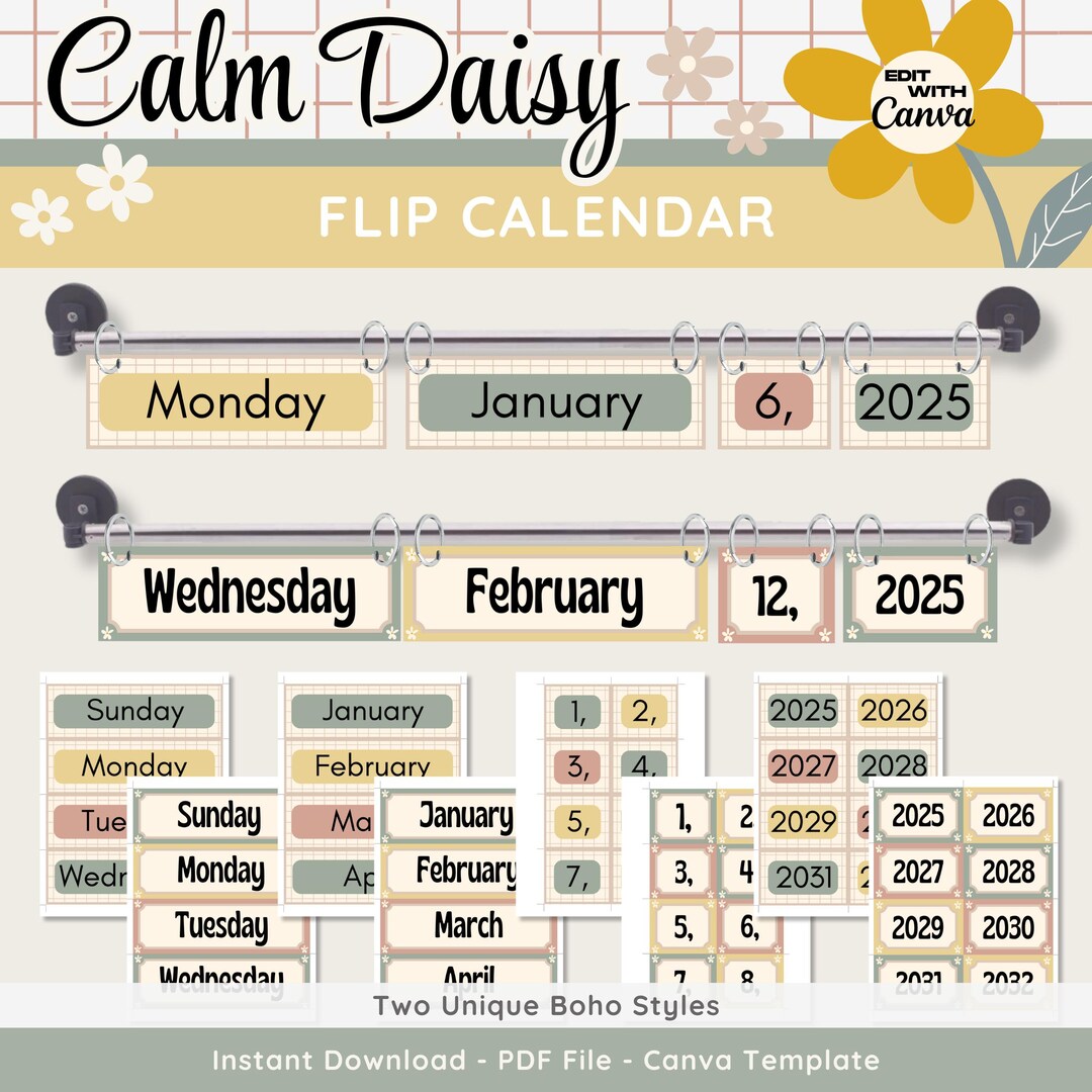 Classroom Flip Calendar, Printable Boho Hanging Calendar, Editable Calm ...