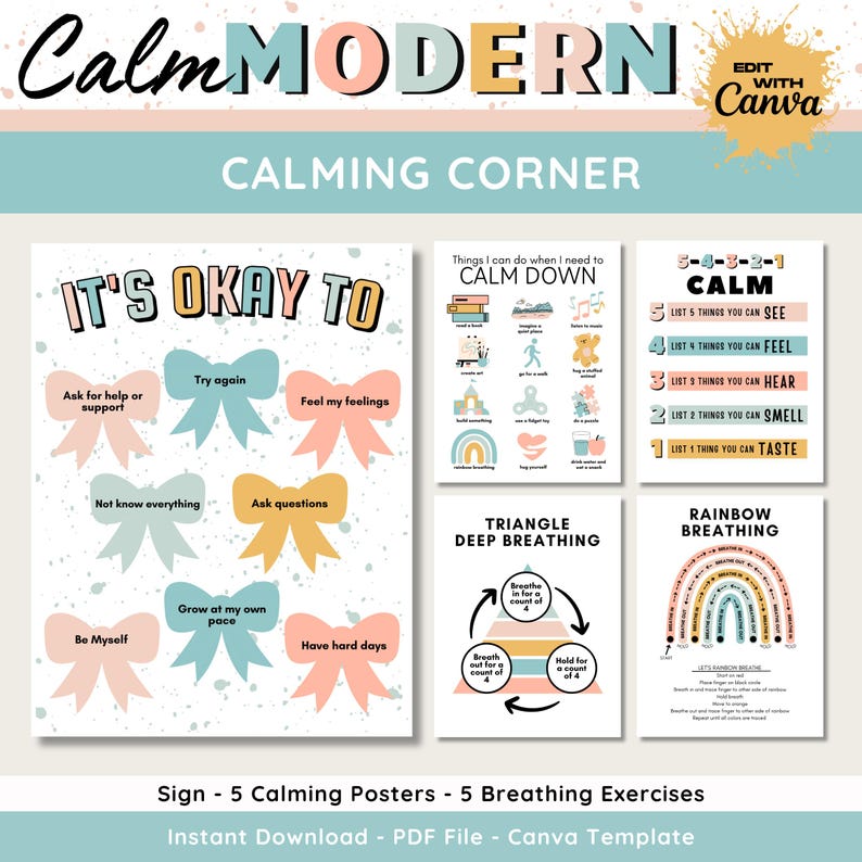Calming Corner Posters: Breathing Exercises, Neutral Classroom Decor ...