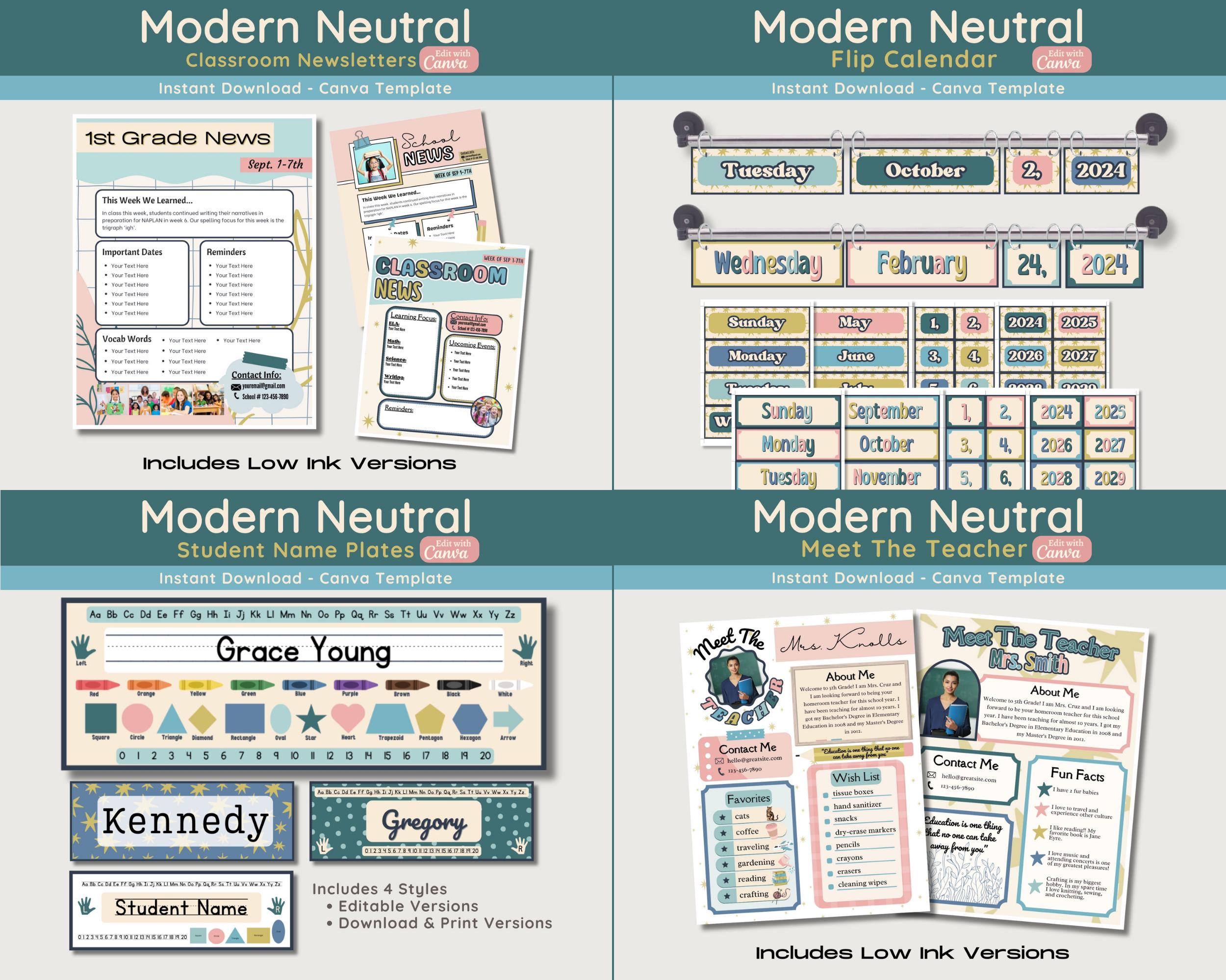 Editable Modern Classroom Decor Printable Bundle, Neutral Complete ...
