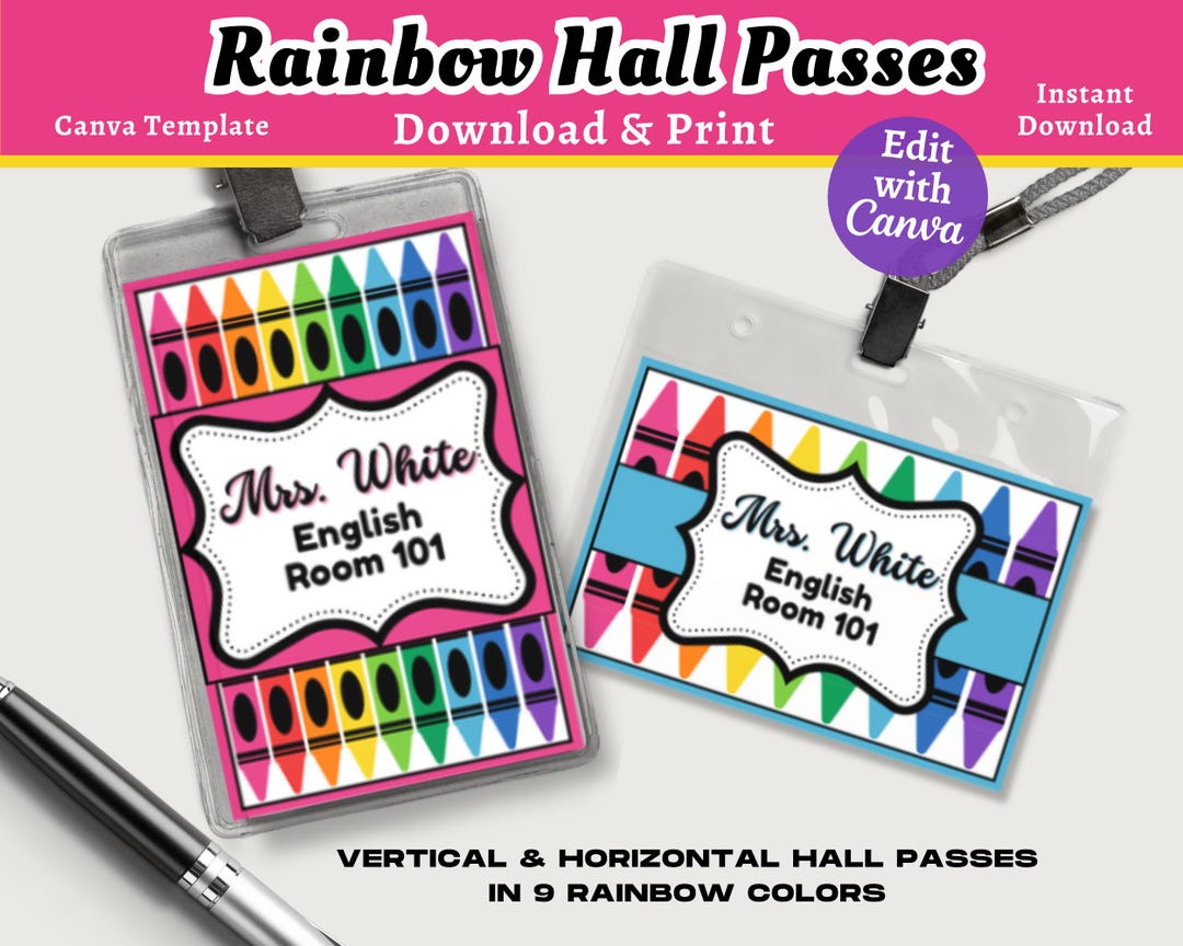 Printable Rainbow Teacher Hall Pass, Custom Editable Hall Passes for ...