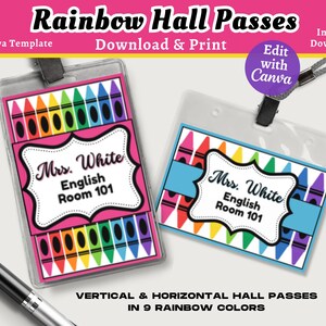 Printable Rainbow Teacher Hall Pass, Custom Editable Hall Passes for ...