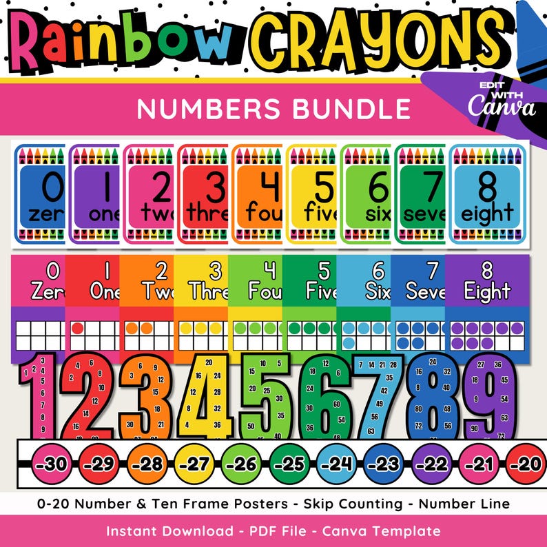 Rainbow Classroom Number Posters: Ten Frame, Skip Counting (canva ...