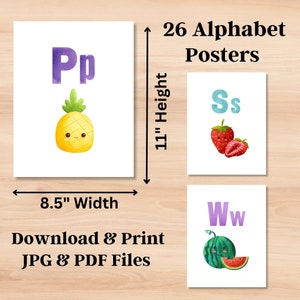 Pre-k Toddler Alphabet Flash Cards, 26 Watercolor Fruit Vegetable ...