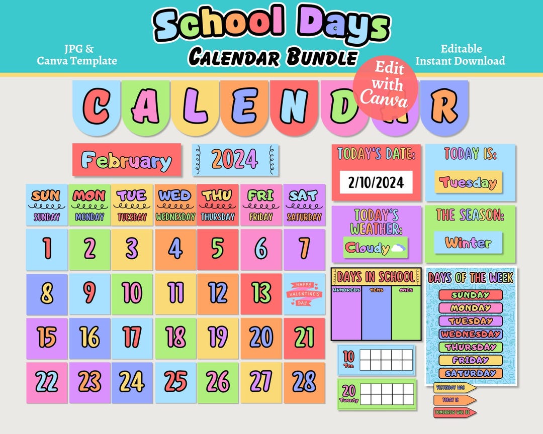 School Theme Calendar Bundle, Printable & Editable Classroom Calendar ...