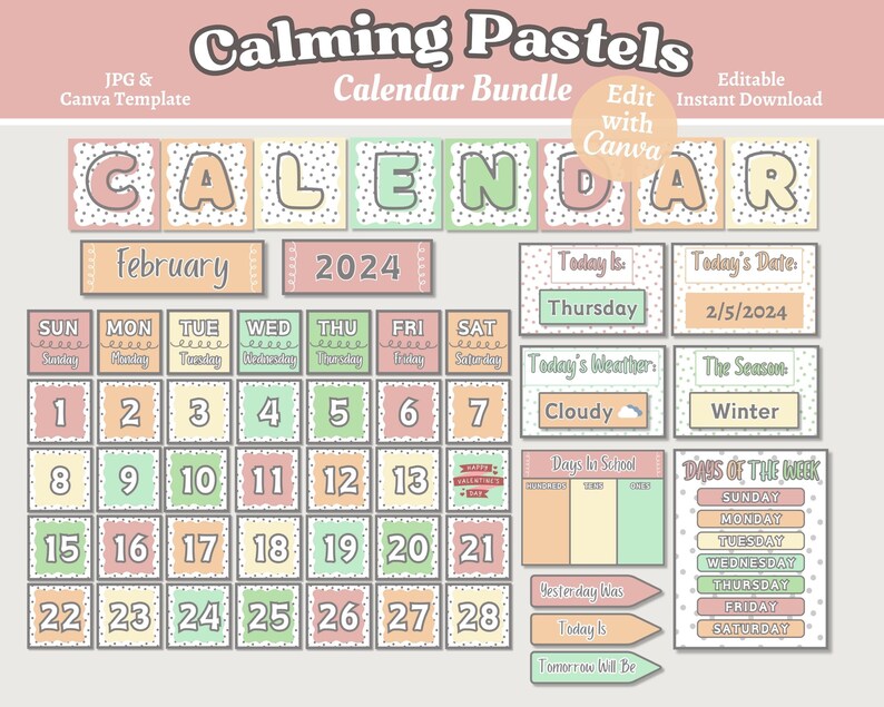 Calming Modern Classroom Calendar Bundle, Printable & Editable Calendar ...