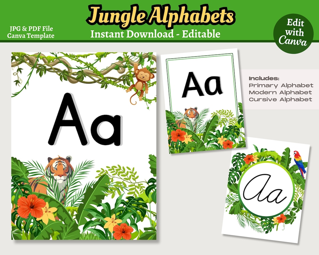 Jungle Alphabet, Editable A-Z Posters, Jungle Animal Classroom Decor ...
