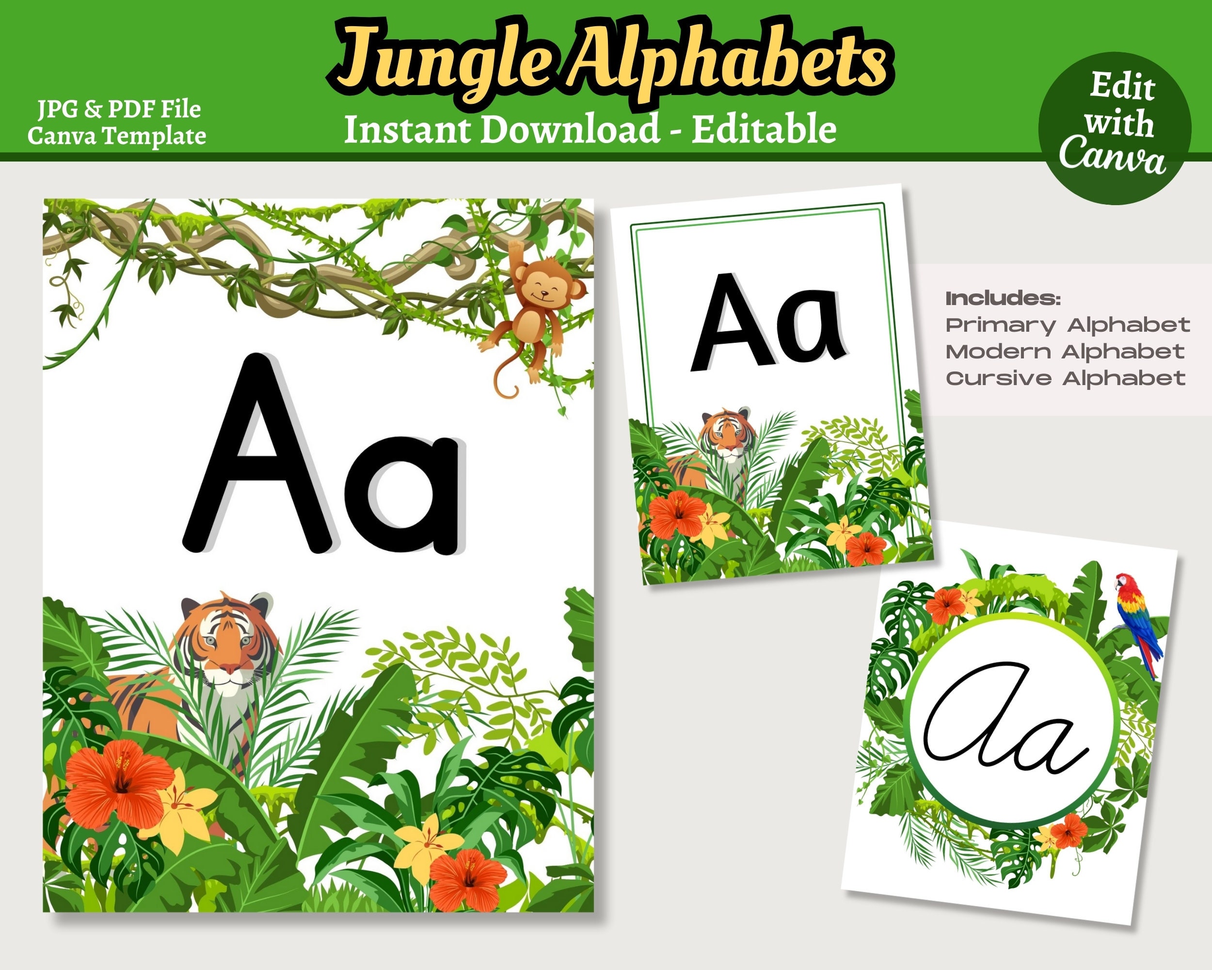 Jungle Alphabet, Editable A-Z Posters, Jungle Animal Classroom Decor ...