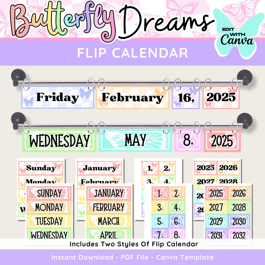 Butterfly Pastel Flip Calendar, Printable Hanging Classroom Calendar ...