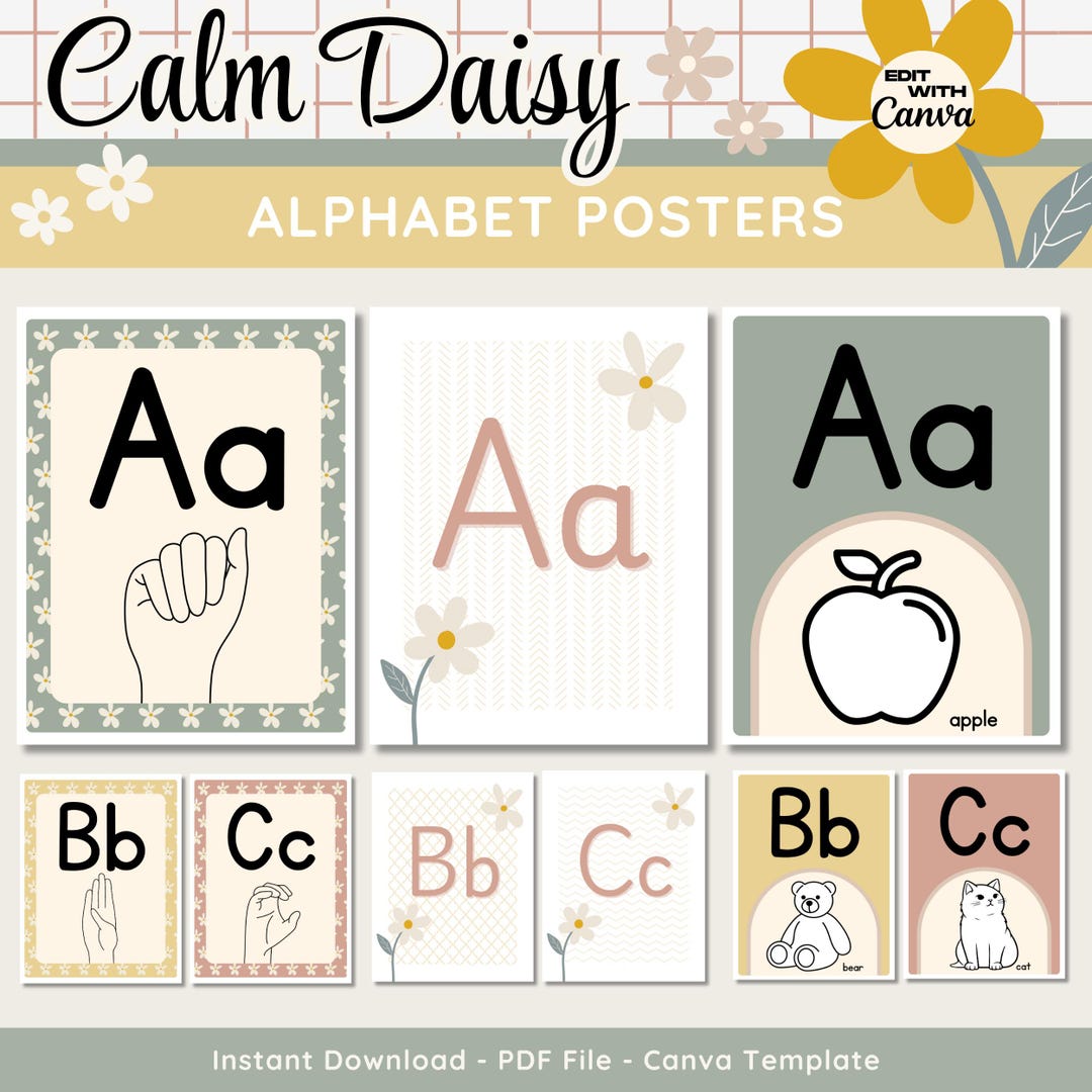 Calm Daisy Alphabet Posters, Printable Neutral ASL A-Z Posters ...