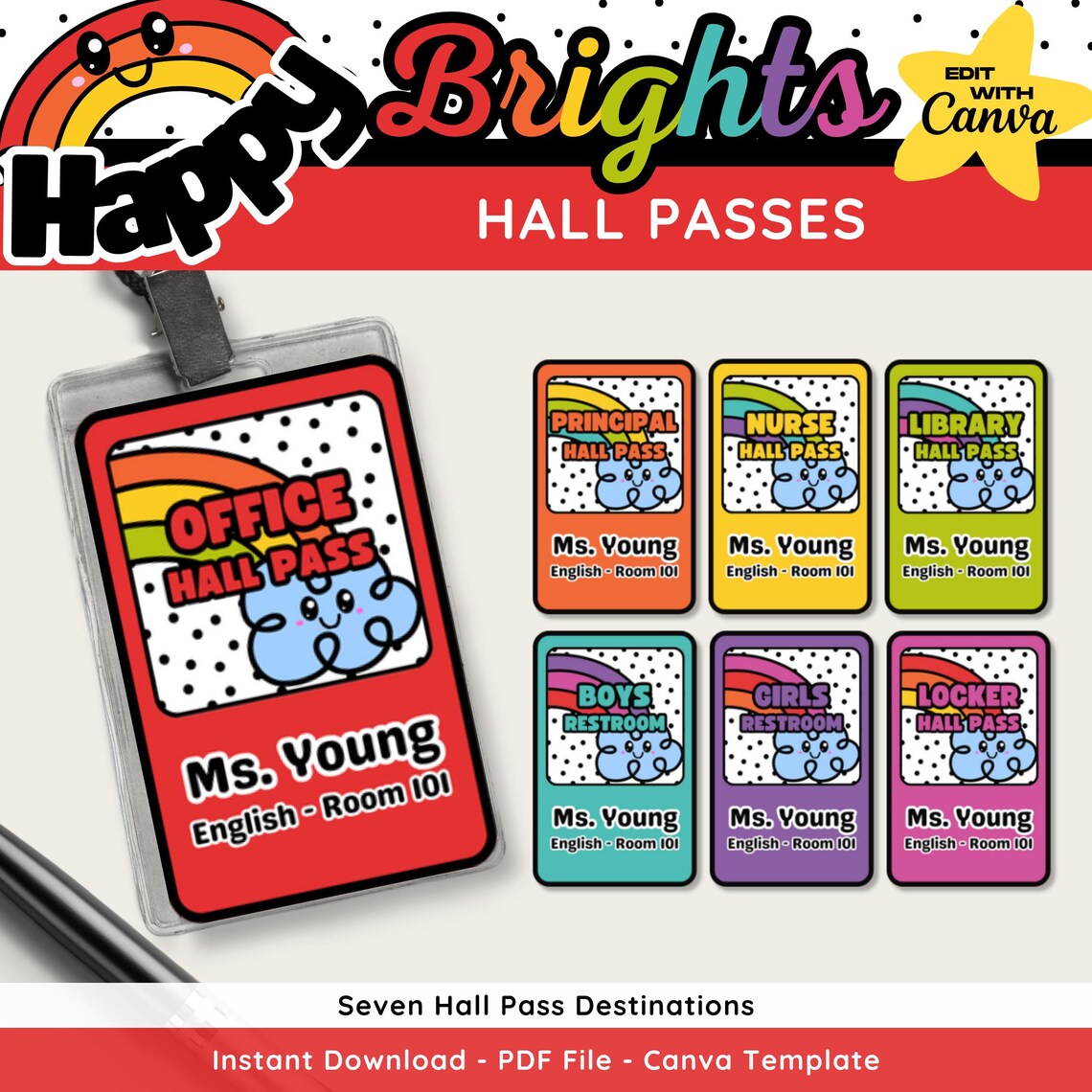 Rainbow Hall Passes: Printable Classroom Decor (canva Template) - Etsy