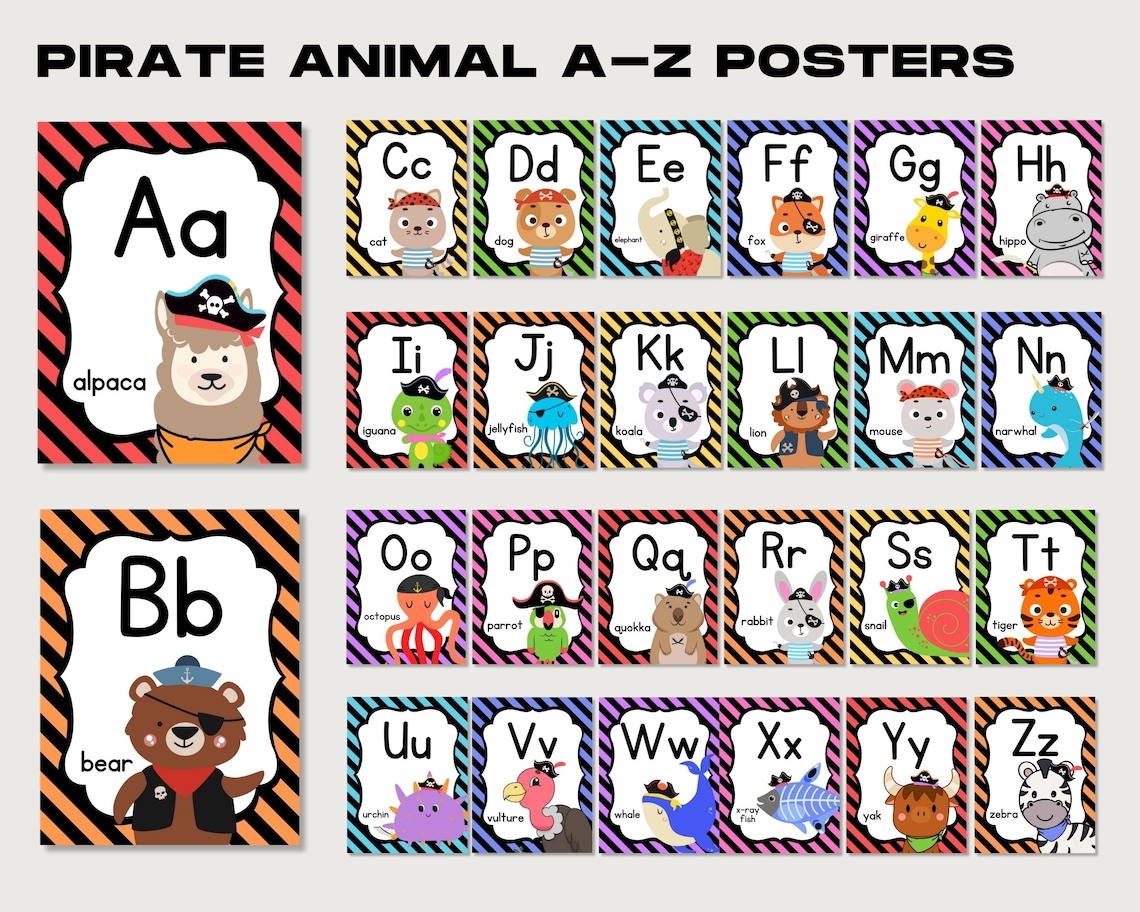 Pirate Animals Alphabet, Editable A-Z Posters, Pirate Classroom Decor ...