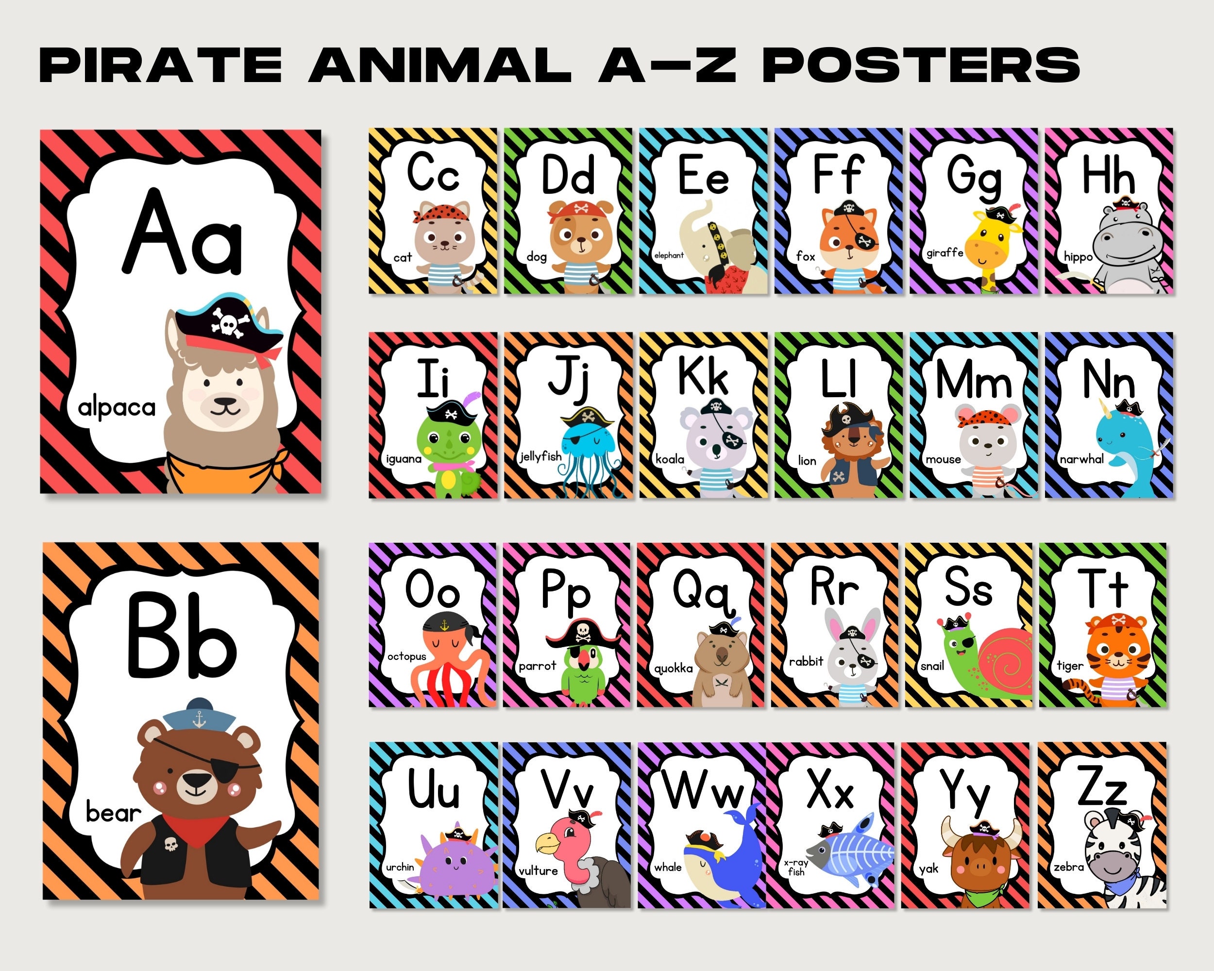 Pirate Animals Alphabet, Editable A-Z Posters, Pirate Classroom Decor ...