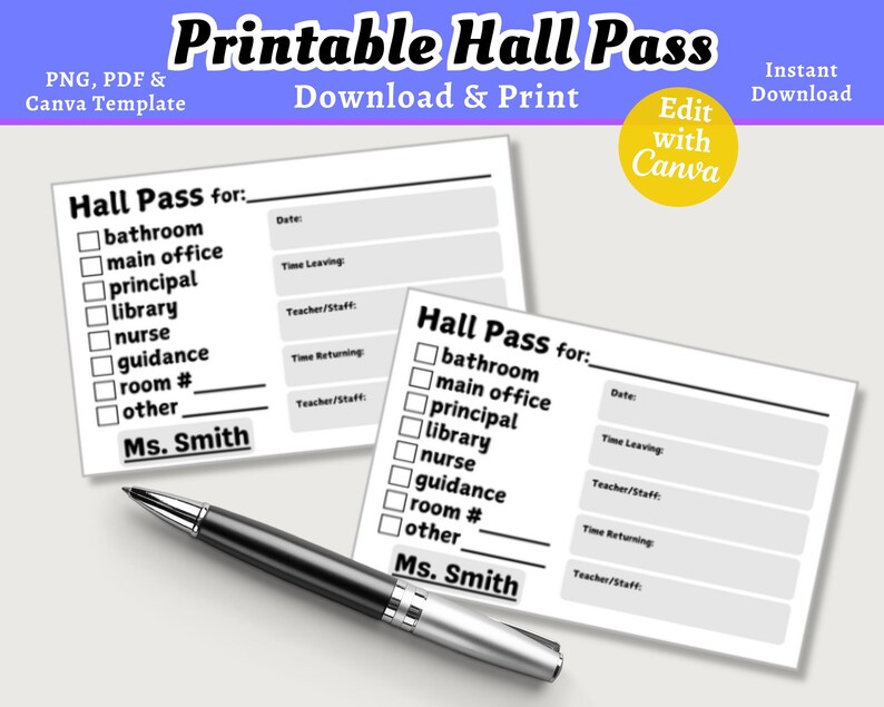 Editable Teacher Hall Pass: Printable School Staff Pass (canva Template ...