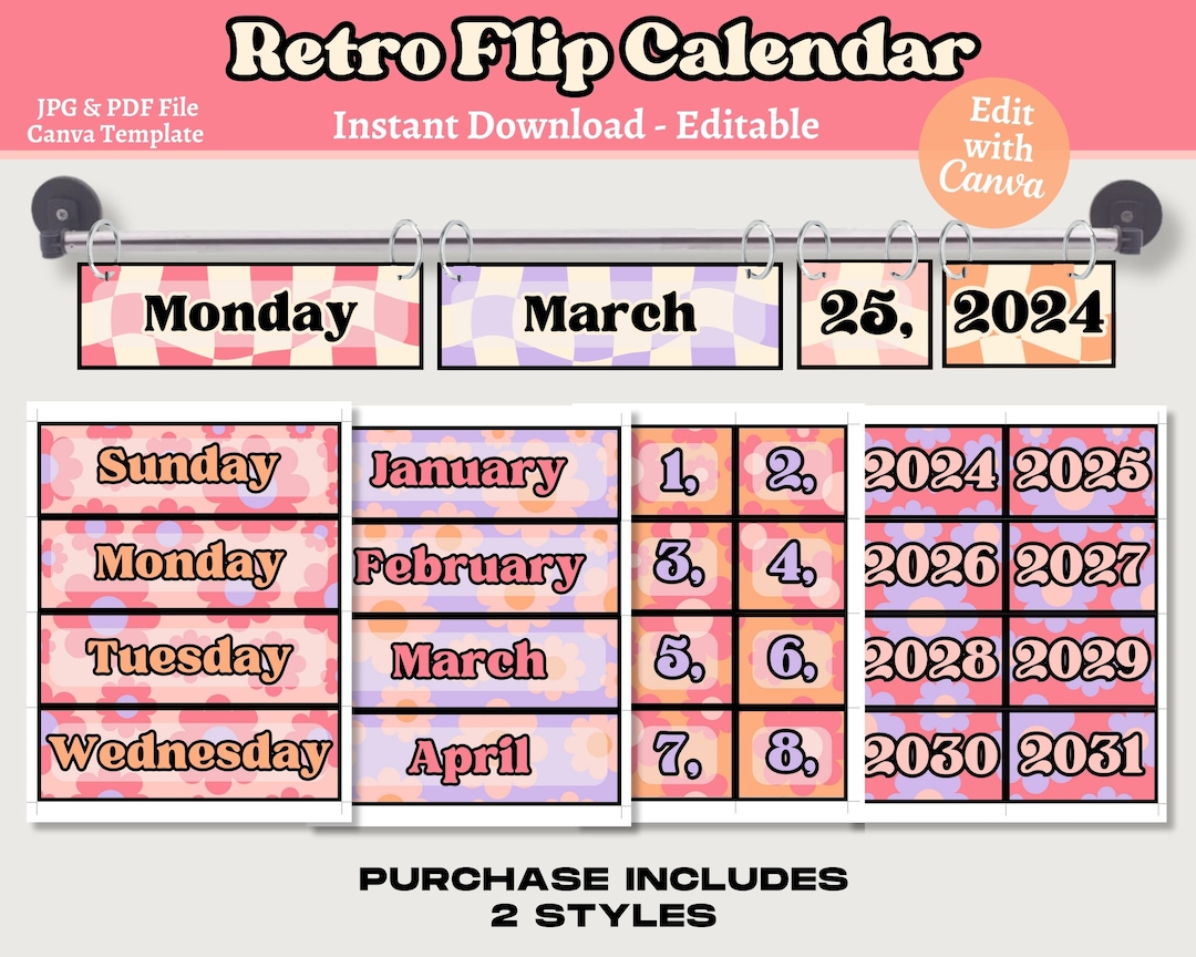 Retro Flip Calendar Printable, Editable Classroom Flip Calendar ...