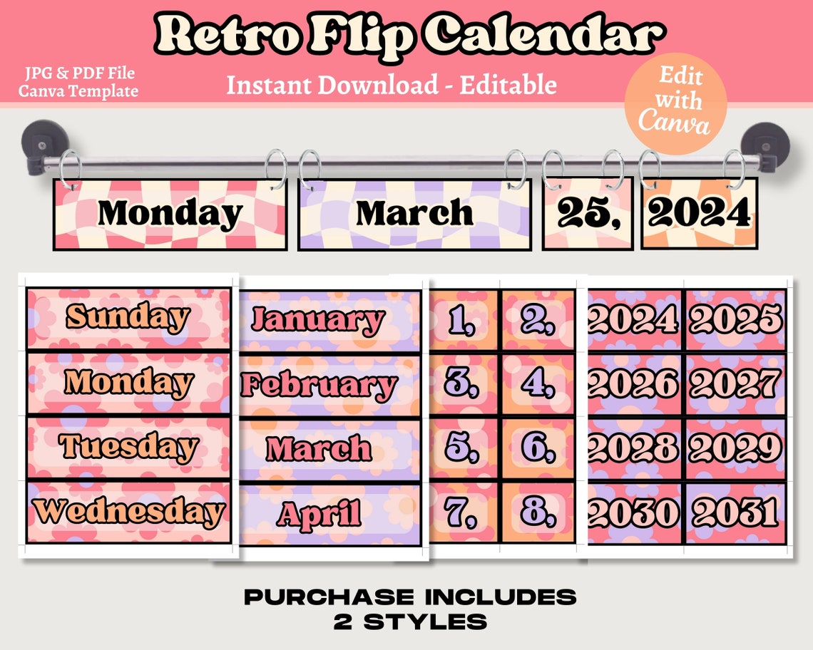Retro Classroom Flip Calendar: Editable Canva Template (digital ...