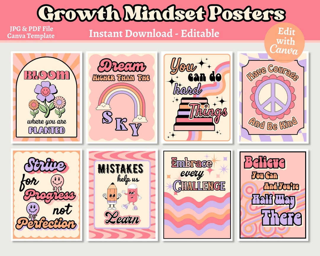 Retro Growth Mindset Posters, Printable Motivational Classroom Posters ...