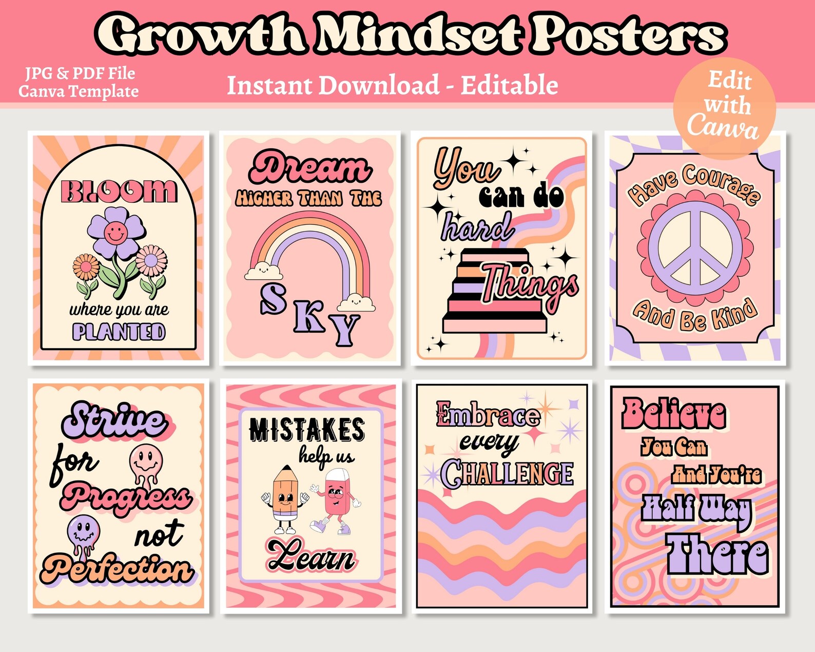 Retro Growth Mindset Posters, Printable Motivational Classroom Posters ...