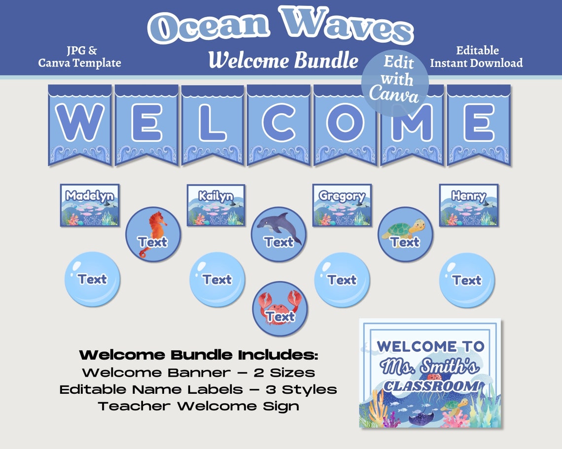 Ocean Theme Welcome Bundle, Printable & Editable Classroom Welcome Sign ...