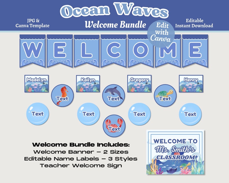 Ocean Theme Welcome Bundle, Printable & Editable Classroom Welcome Sign ...