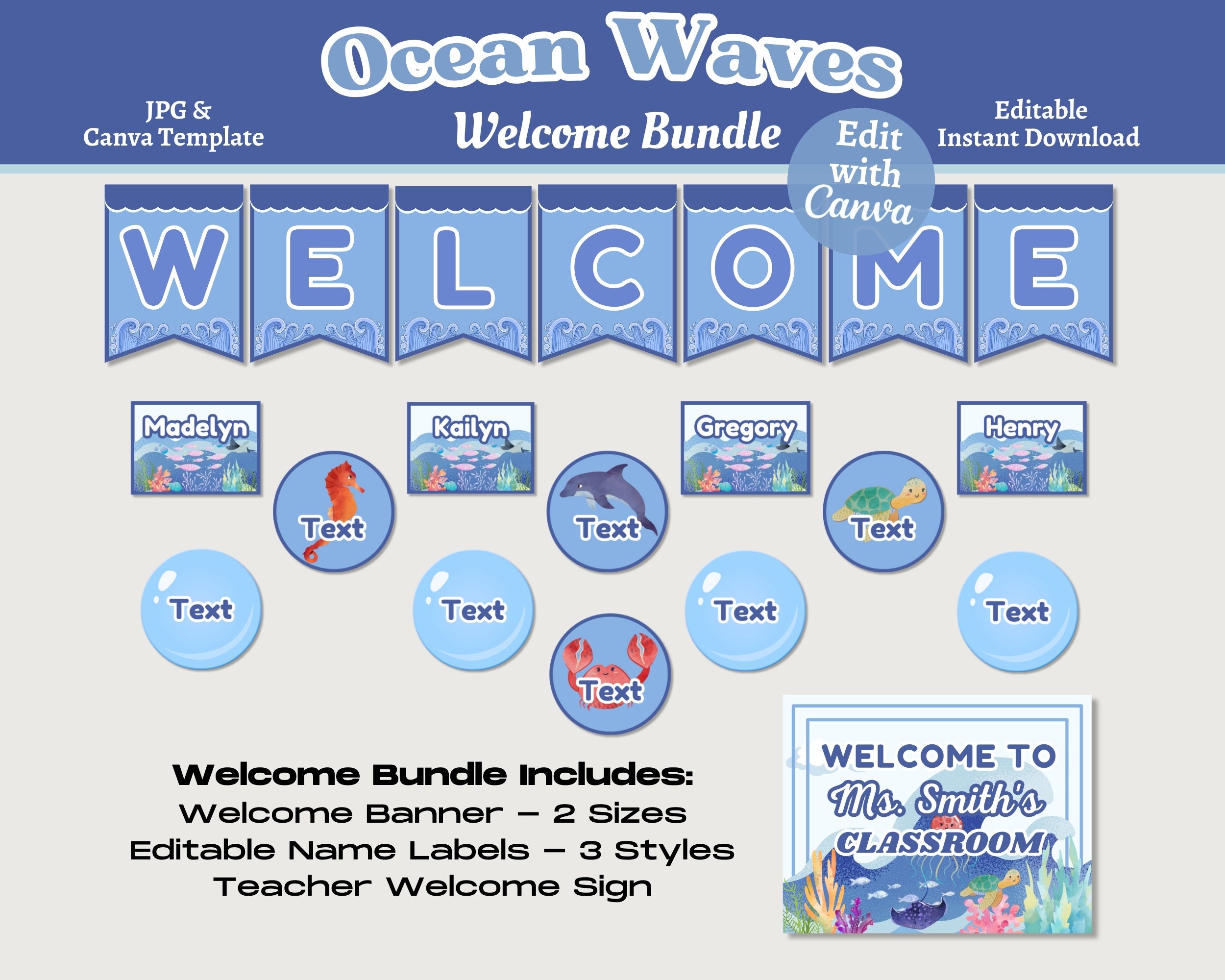 Ocean Theme Welcome Bundle, Printable & Editable Classroom Welcome Sign ...
