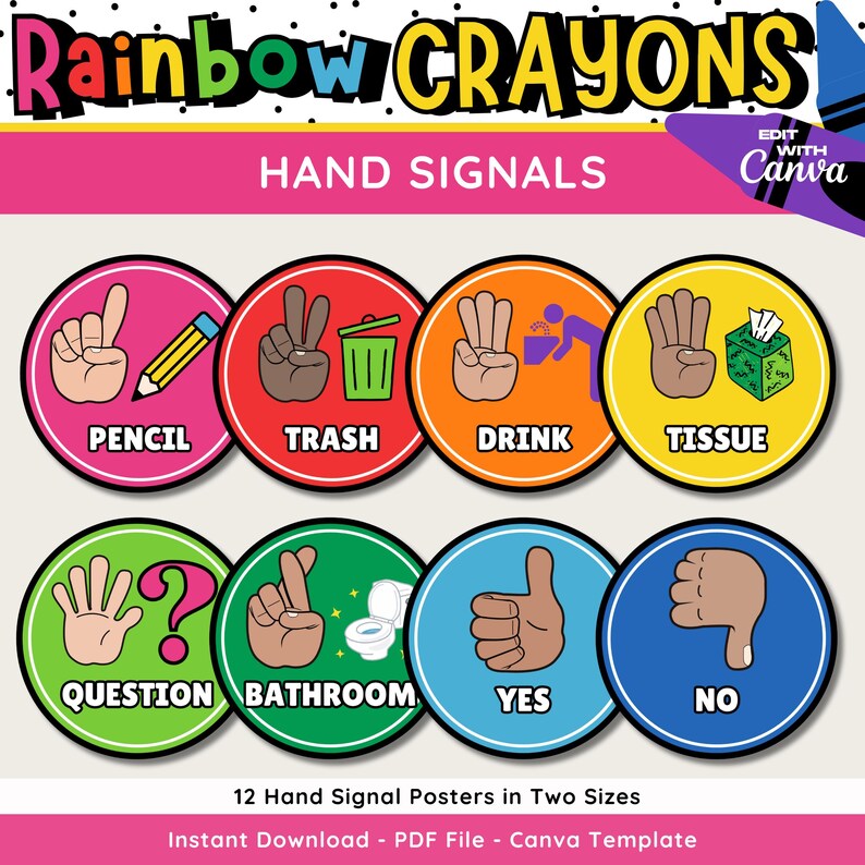 Rainbow Crayon Hand Signal Posters: Editable Classroom Management Signs ...