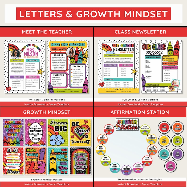 Rainbow Classroom Decor Bundle: Editable Teacher Canva Templates ...