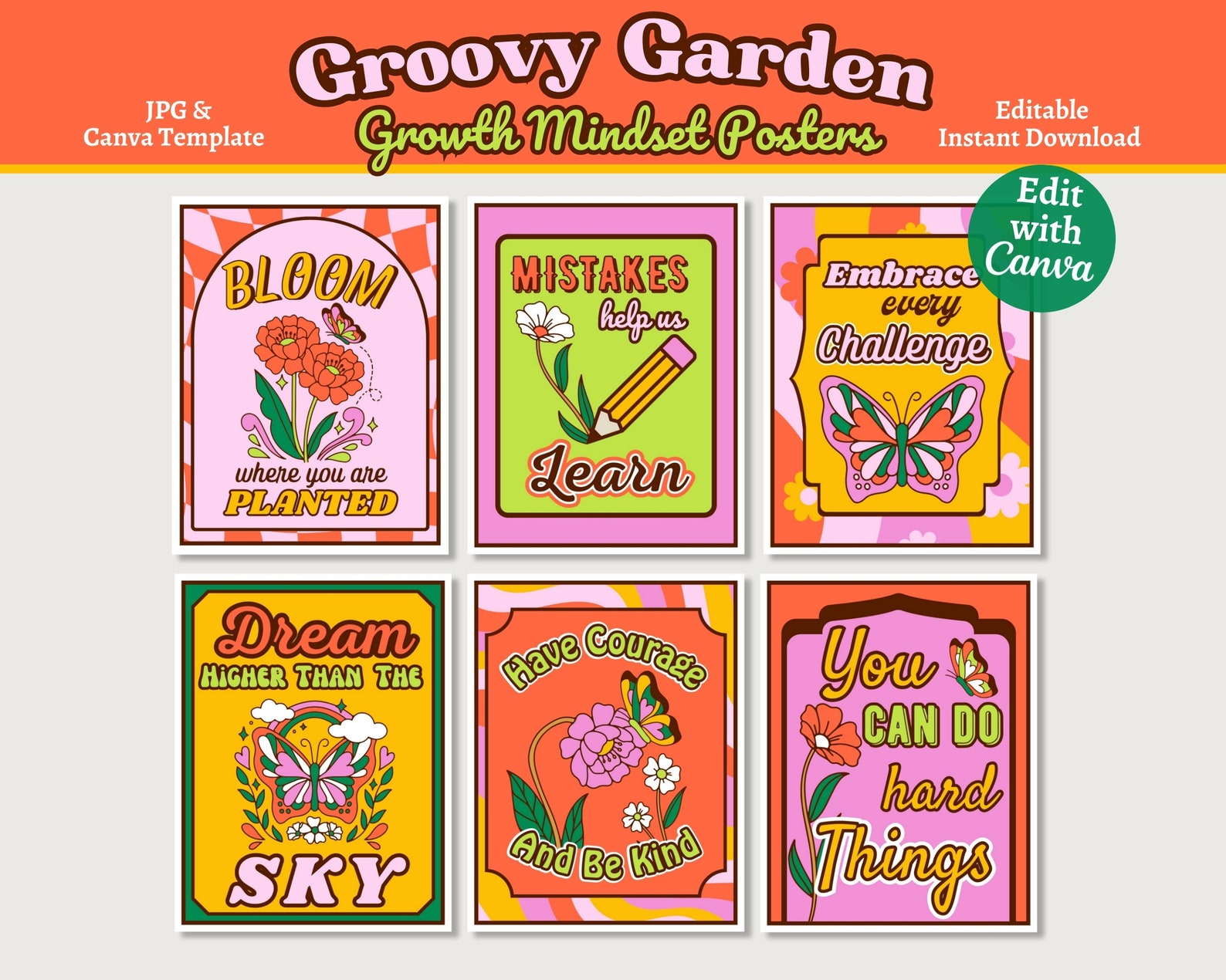 Groovy Growth Mindset Posters, Printable & Editable Inspirational ...