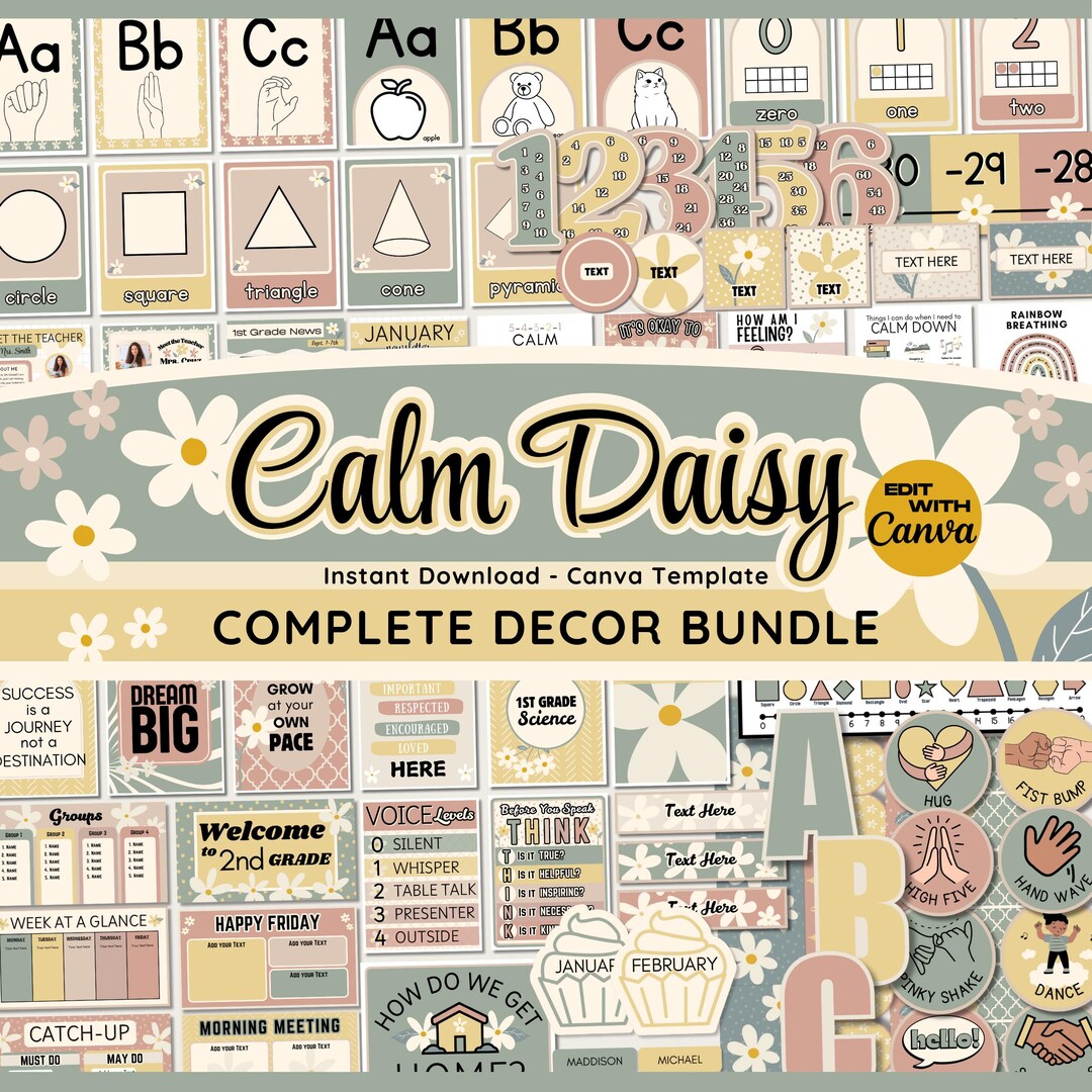 Calm Daisy Classroom Decor Bundle: Boho Neutral Theme (canva Template ...