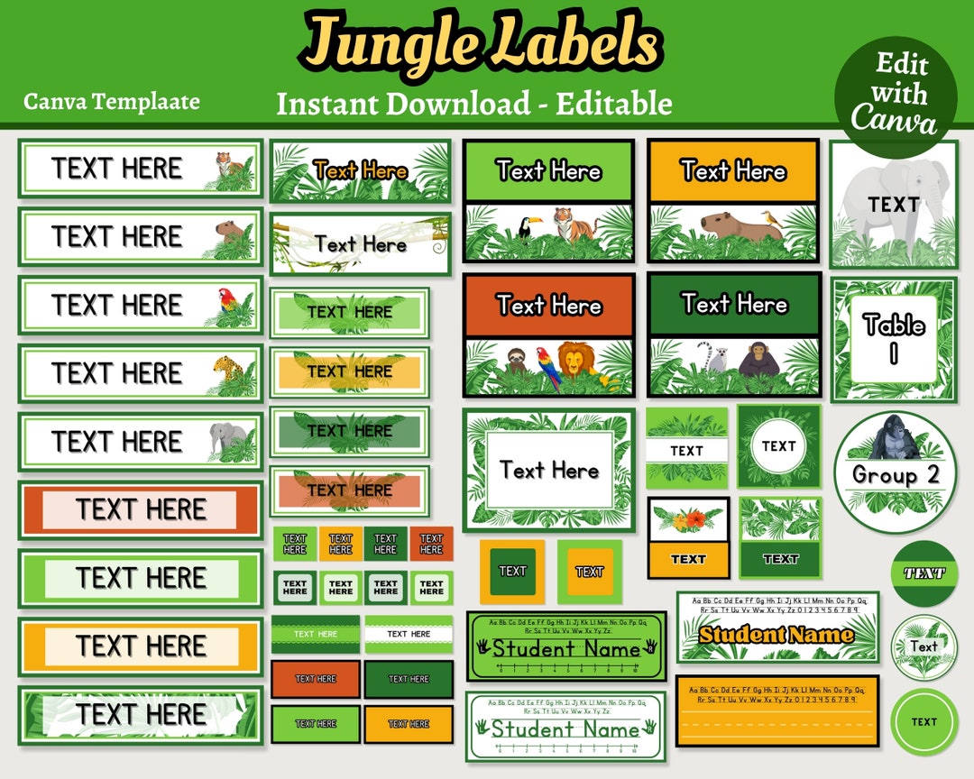 Jungle Labels: Editable Classroom Organization, Canva Template (instant ...