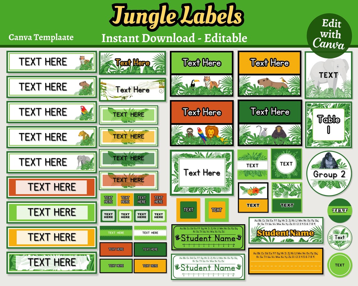 Jungle Labels: Editable Classroom Organization, Canva Template (instant ...