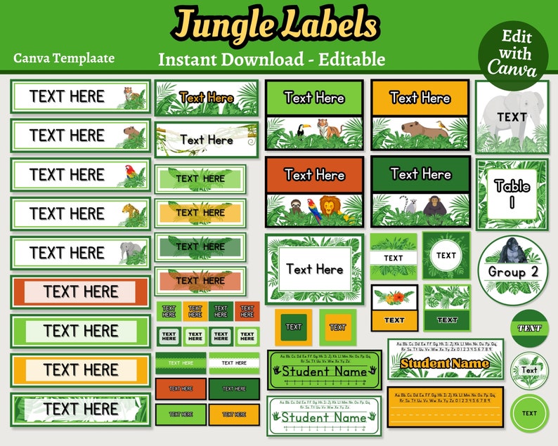 Jungle Labels: Editable Classroom Organization, Canva Template (instant ...