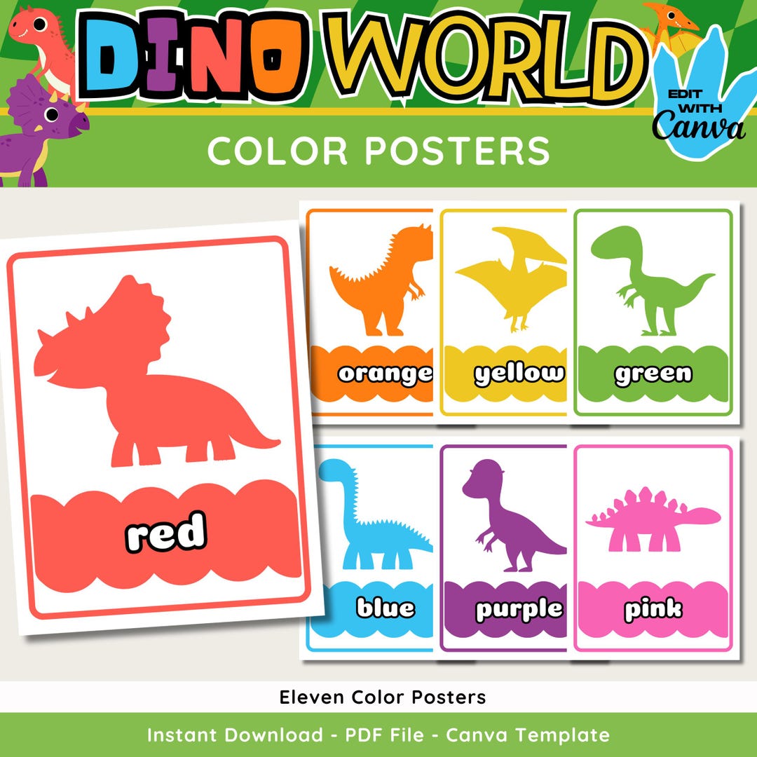 Dinosaur Color Posters, Printable Editable Elementary Basic Color ...