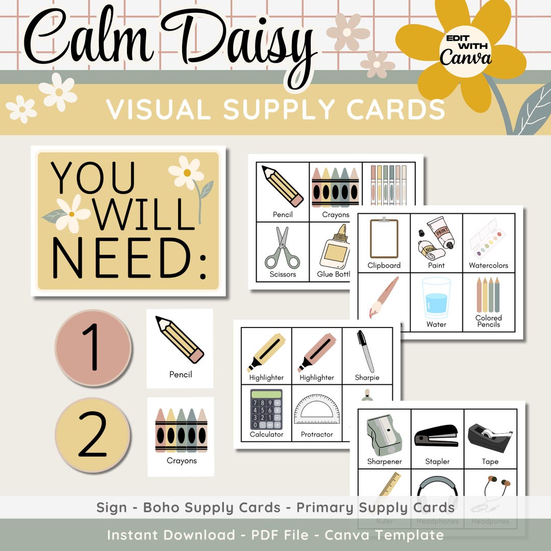 Boho Visual Supply Cards Display, Printable Instruction Supply Labels ...