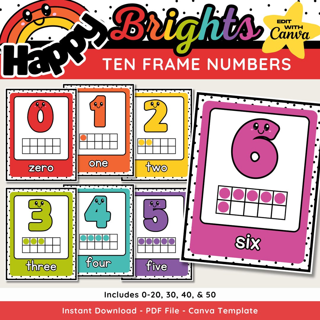 Rainbow Ten Frame Number Posters, Printable & Editable Happy Bright 1 ...