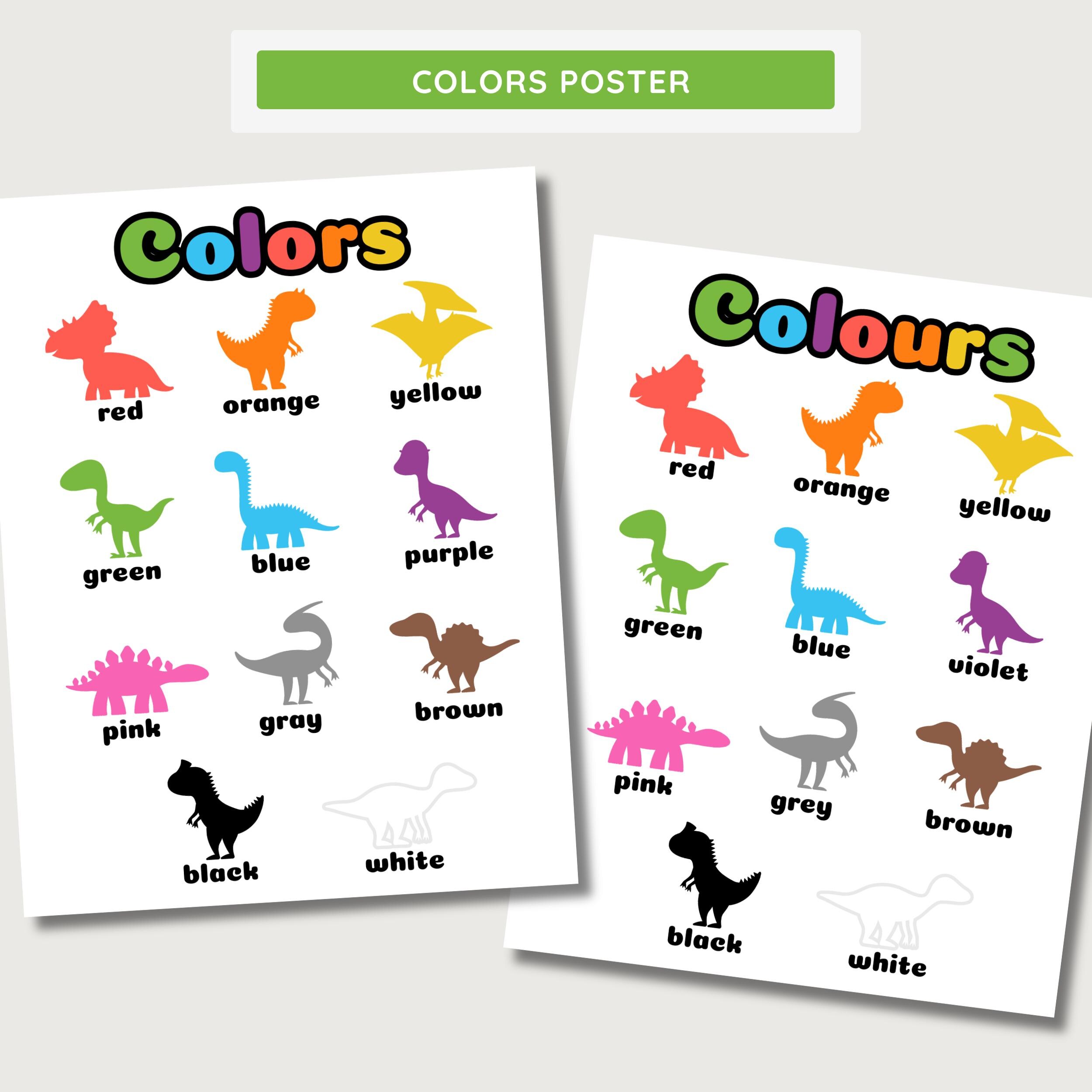 Dinosaur Color Posters, Printable Editable Elementary Basic Color ...