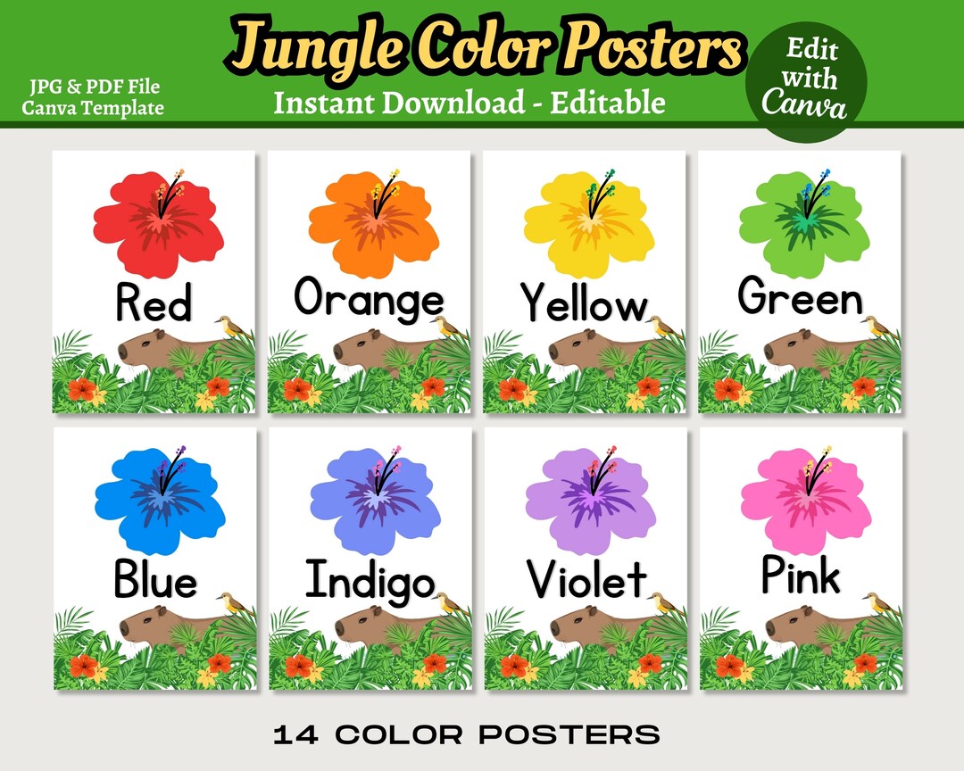 Jungle Color Posters, Editable Color Printable, 12 Basic Colors, Jungle ...